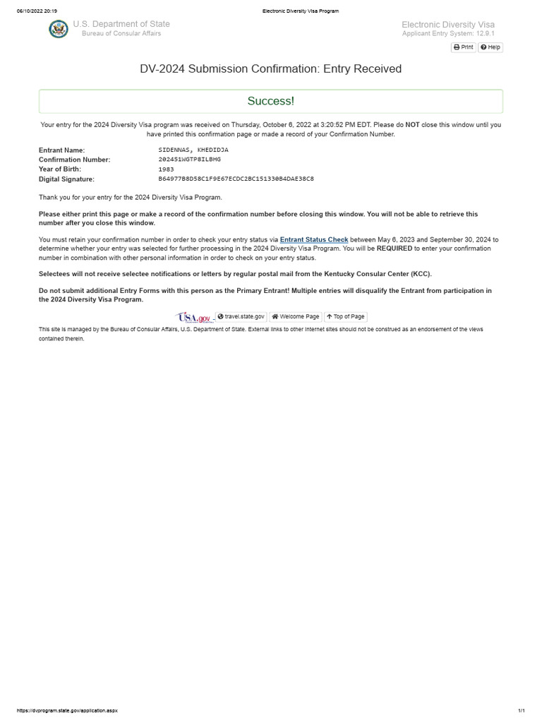 DV-2024 Entry Confirmation Notice | PDF | Travel Visa | Immigration