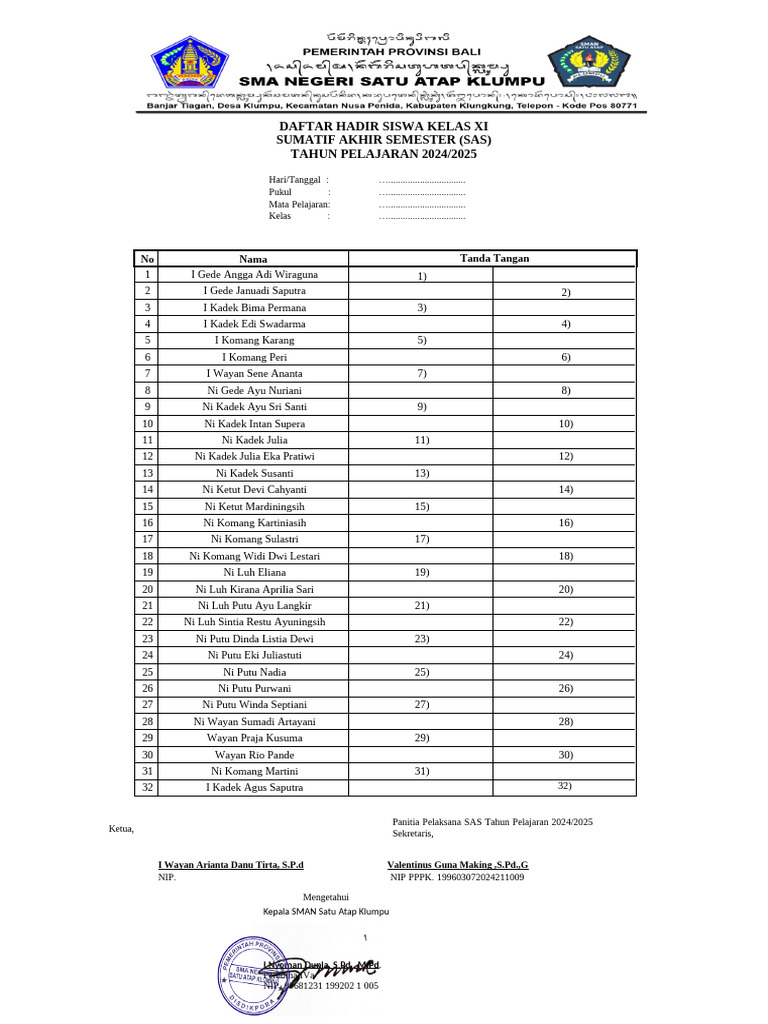 Daftar Hadir Siswa Kelas X, Xi Fix | PDF