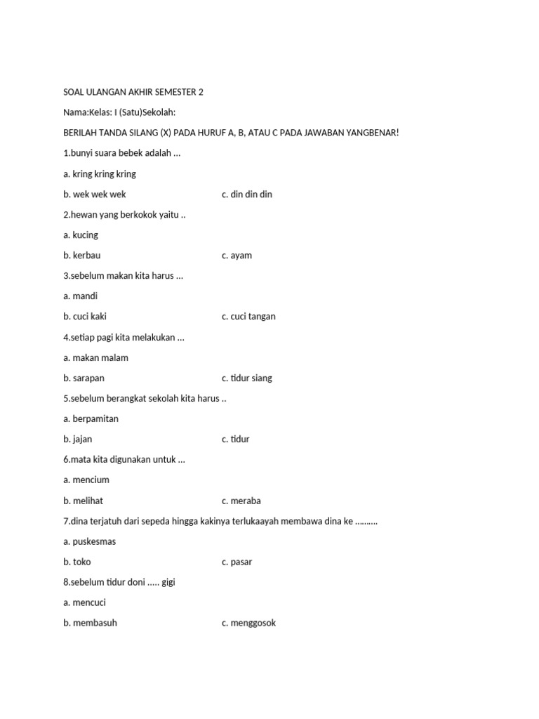Soal Ulangan Akhir Semester 2kelas 1 b Indonesia | PDF