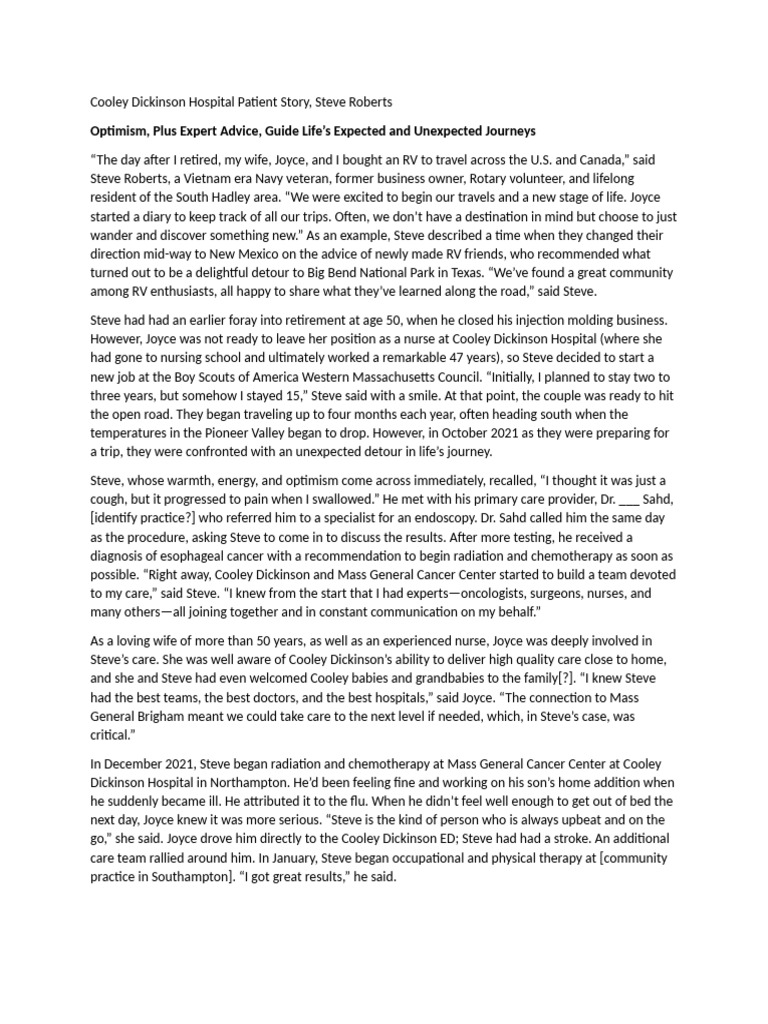 Steve Roberts' Cancer Journey and Hope | PDF | Cancer | Medicine