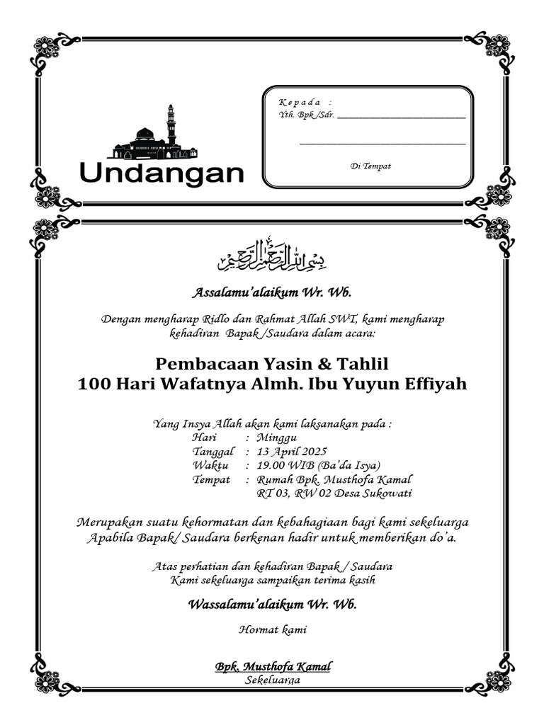 Undangan Tahlil 100 Hari Ibu Yuyun | PDF