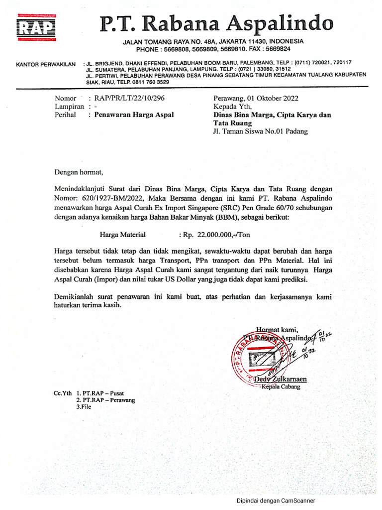 Penawaran Harga DBM Sumbar | PDF