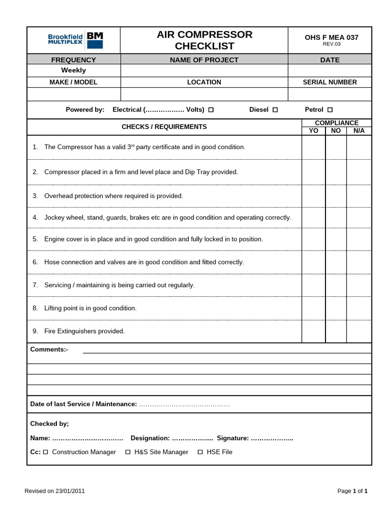 Checklist - Air Compressor | PDF