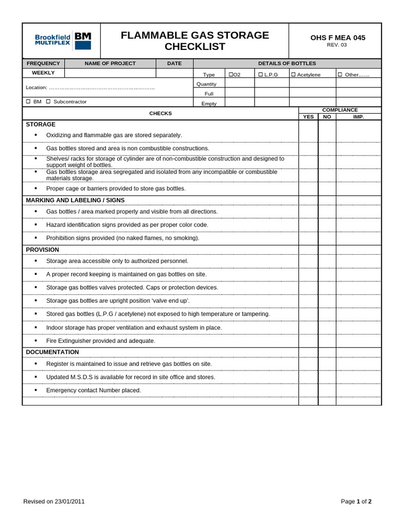 Checklist - Flammable Gas Storage Area | PDF