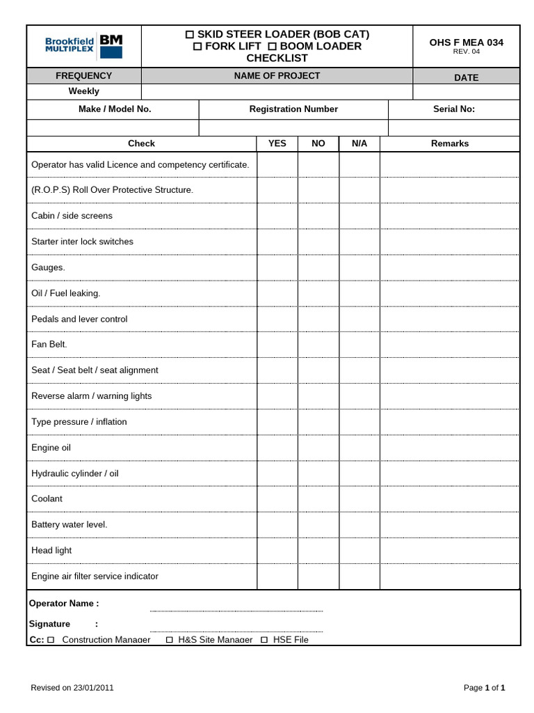 Checklist - Forklift, Skid Steer, Boom Loader | PDF
