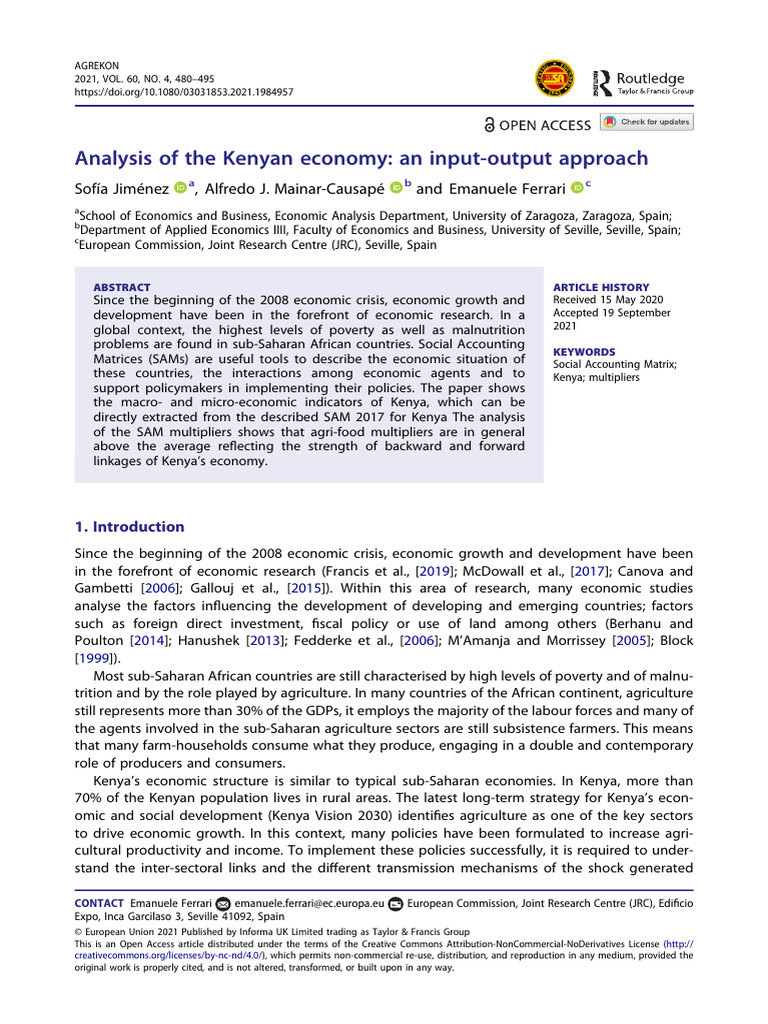 Jiménez Et Al 2022 Analysis of The Kenyan Economy An Input Output Approach | PDF ...