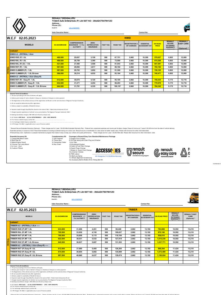 RENAULT-PRICE-LIST-WEF-WHITEBOARD | PDF | Payments | Motor Vehicle