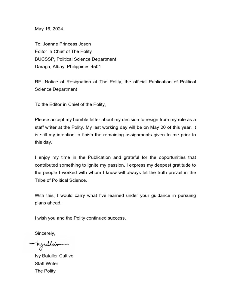 Resignation Letter from The Polity Staff Writer | PDF
