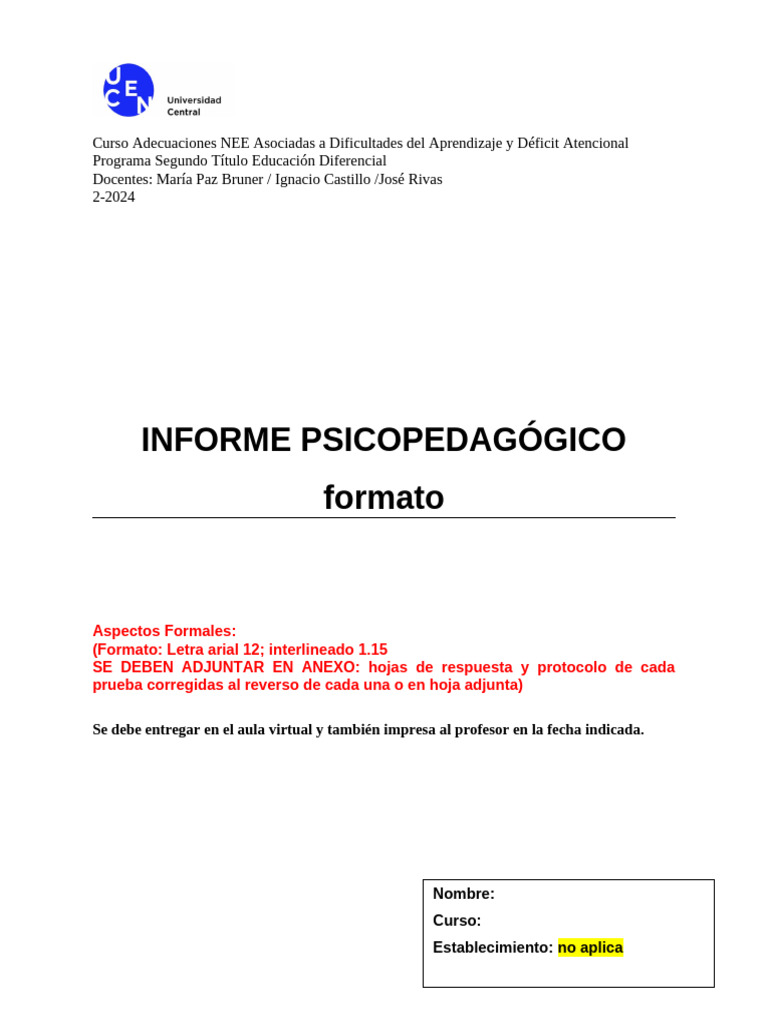 Formato Informe Psicopedagógico N2 | PDF | Aprendizaje | Educación especial