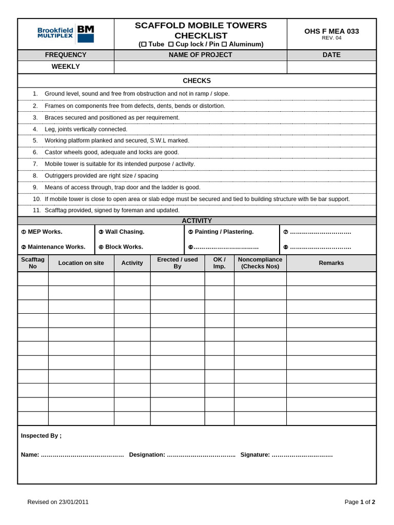 Mobile Tower Scaffold Inspection Checklist | PDF | Scaffolding ...
