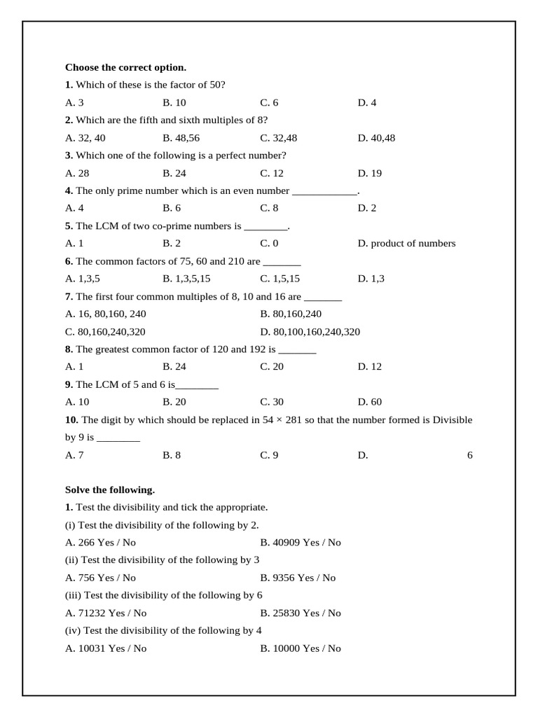 Factors and Multiples Worksheet for Class 4 | PDF | Discrete ...