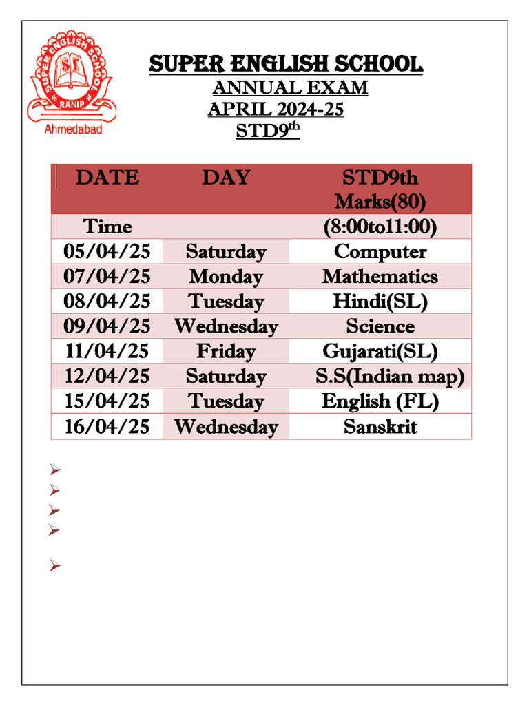 Std 9 April Annual Exam Time Table 2024-25 | PDF