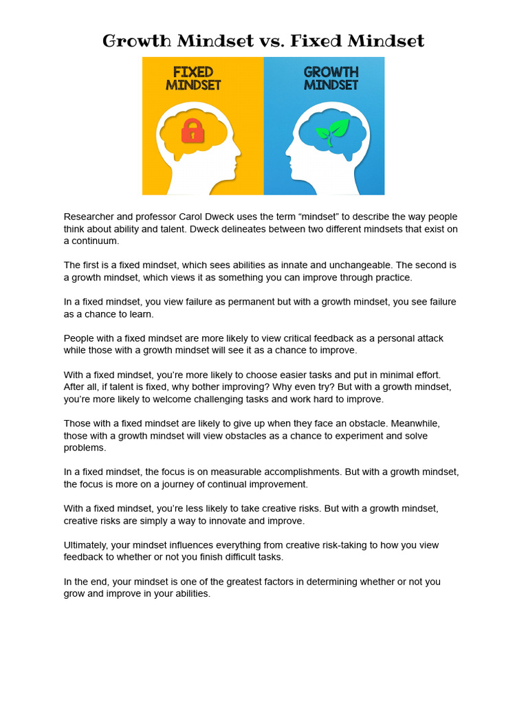Growth Mindset Vs Fixed Mindset | PDF | Mindset | Behavior Modification