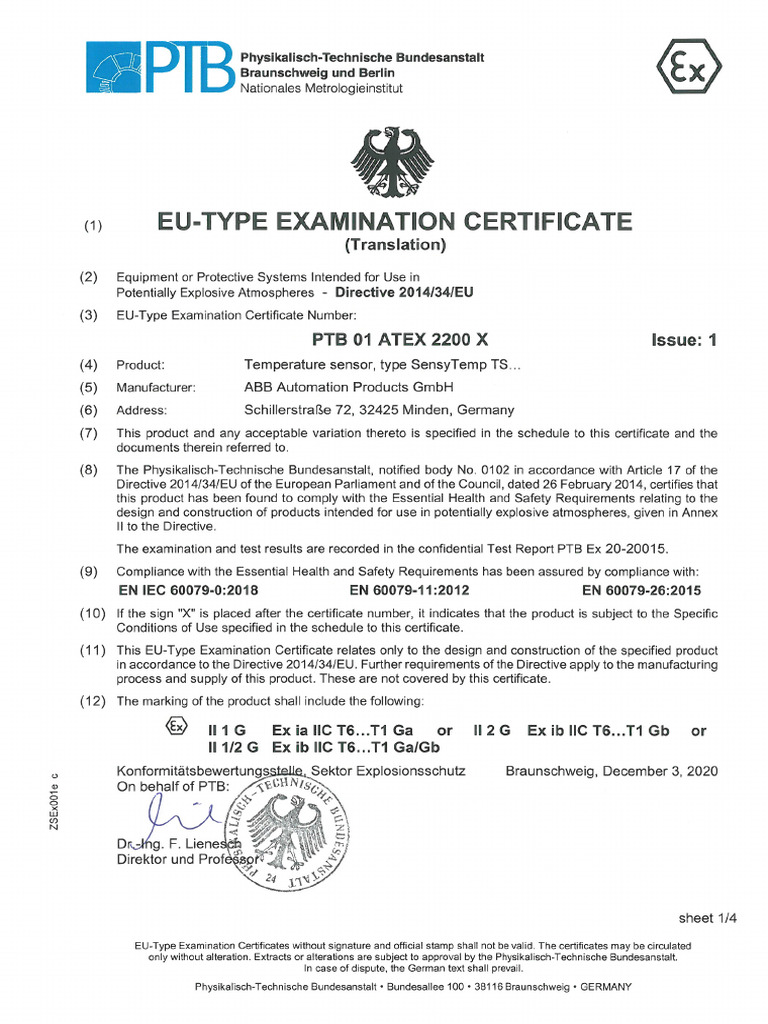 PTB 01 Atex 2200-X | PDF