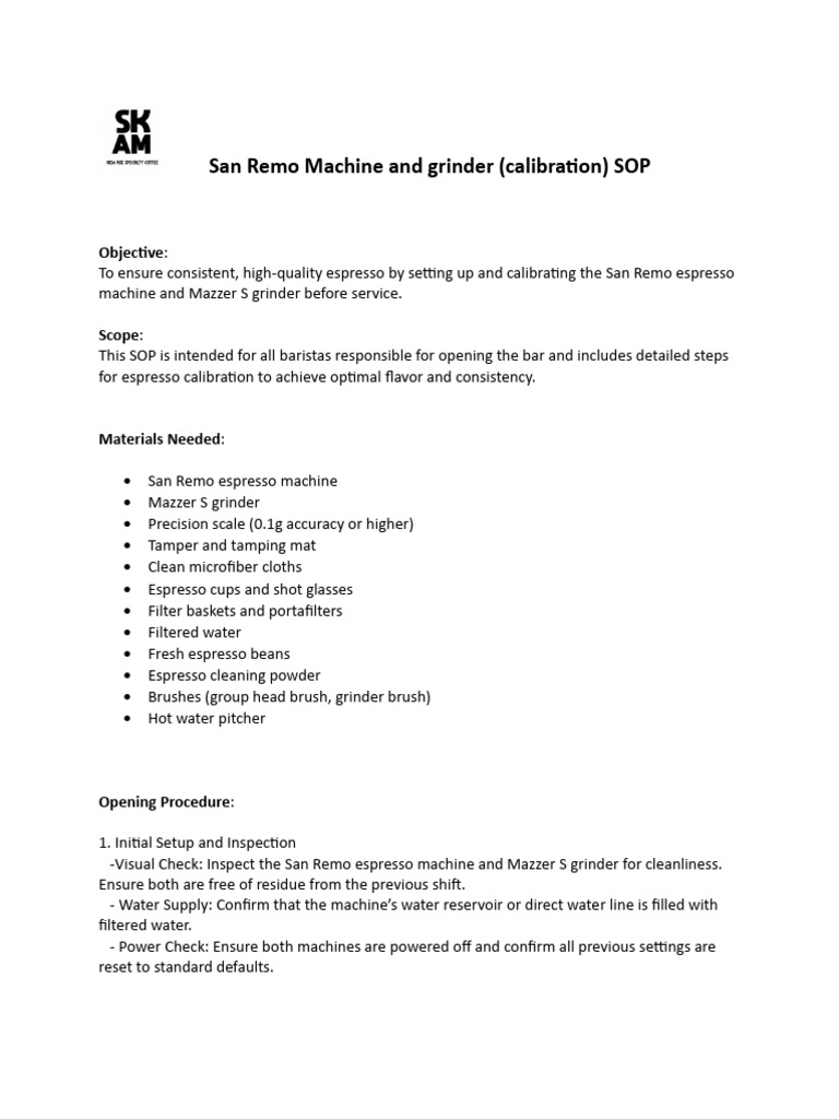Espresso Machine & Grinder SOP | PDF | Drink | Coffee