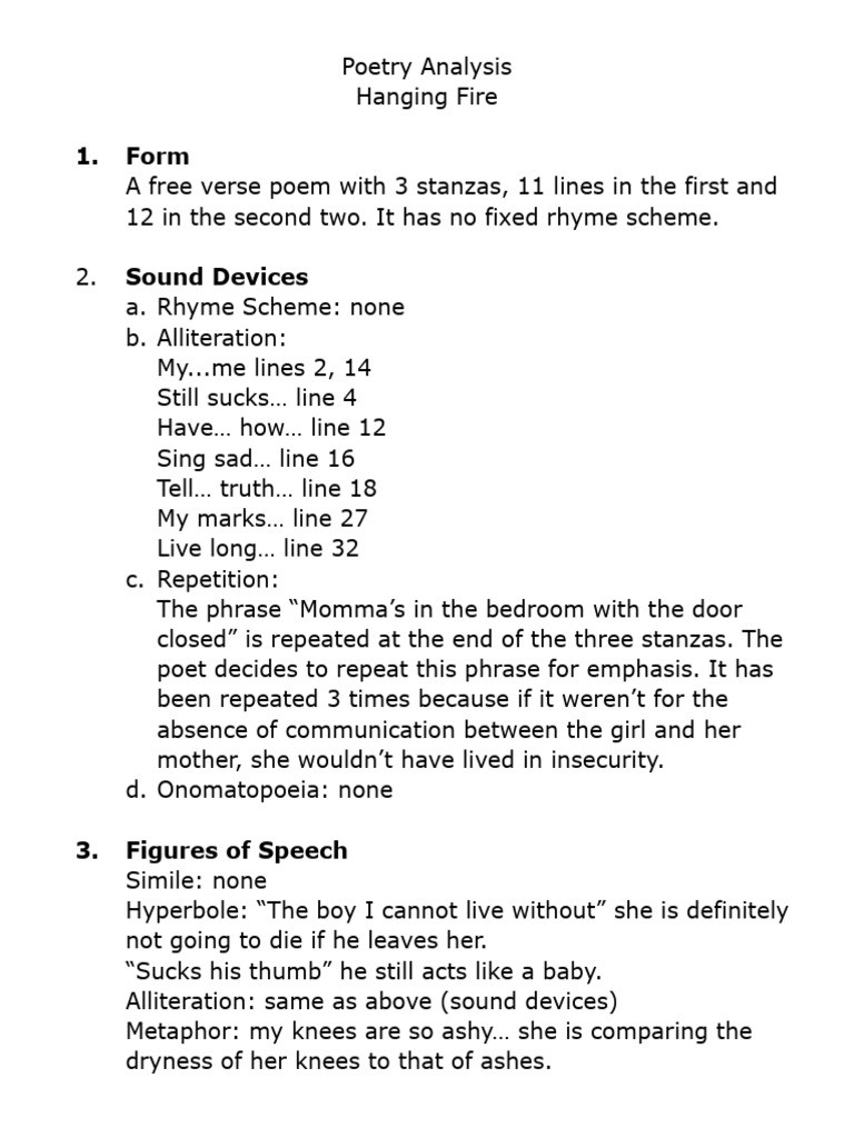 Poetry Analysis - Hanging Fire | PDF | Poetry