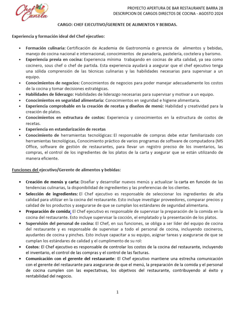 DESCRIPCION DE CARGOS DIRECTOS DE COCINA BARRA 28 | PDF | Artes ...