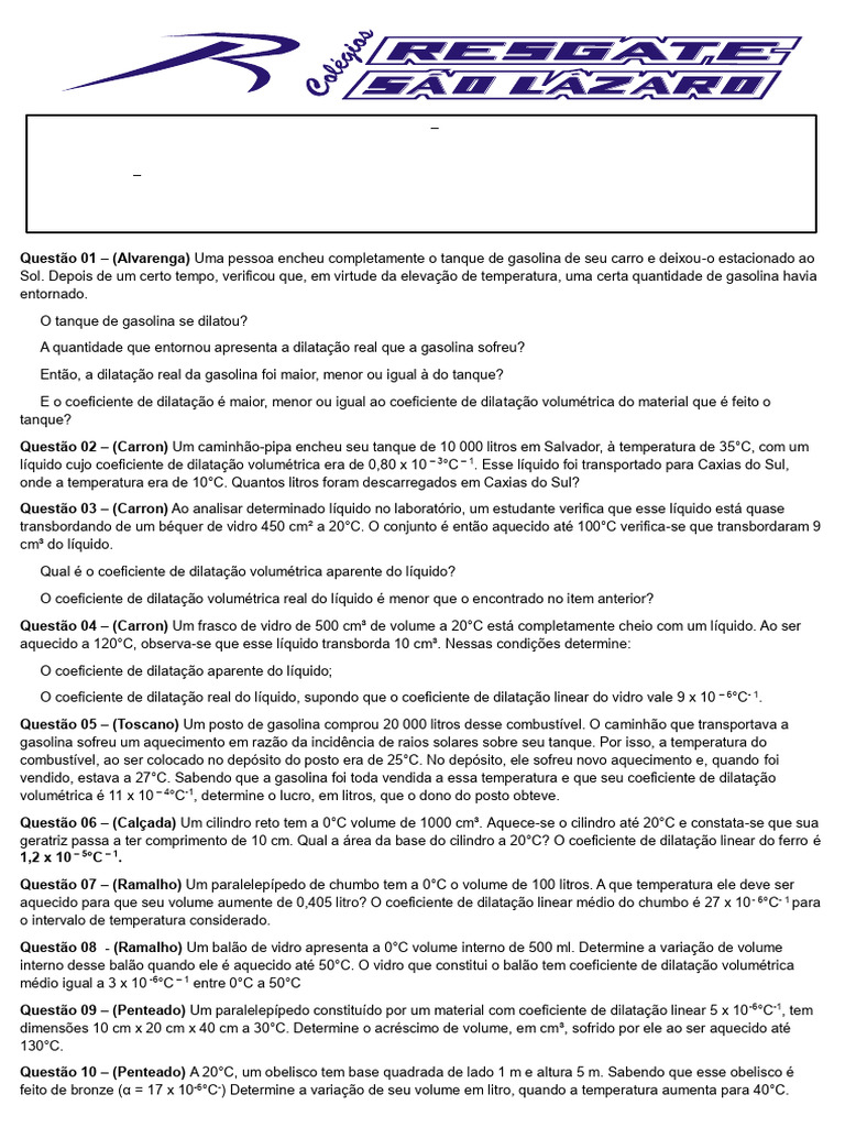 Lista - DilataÃ Ã o Volumã©trica e Dos Lã - Quidos | PDF | Expansão térmica | Temperatura