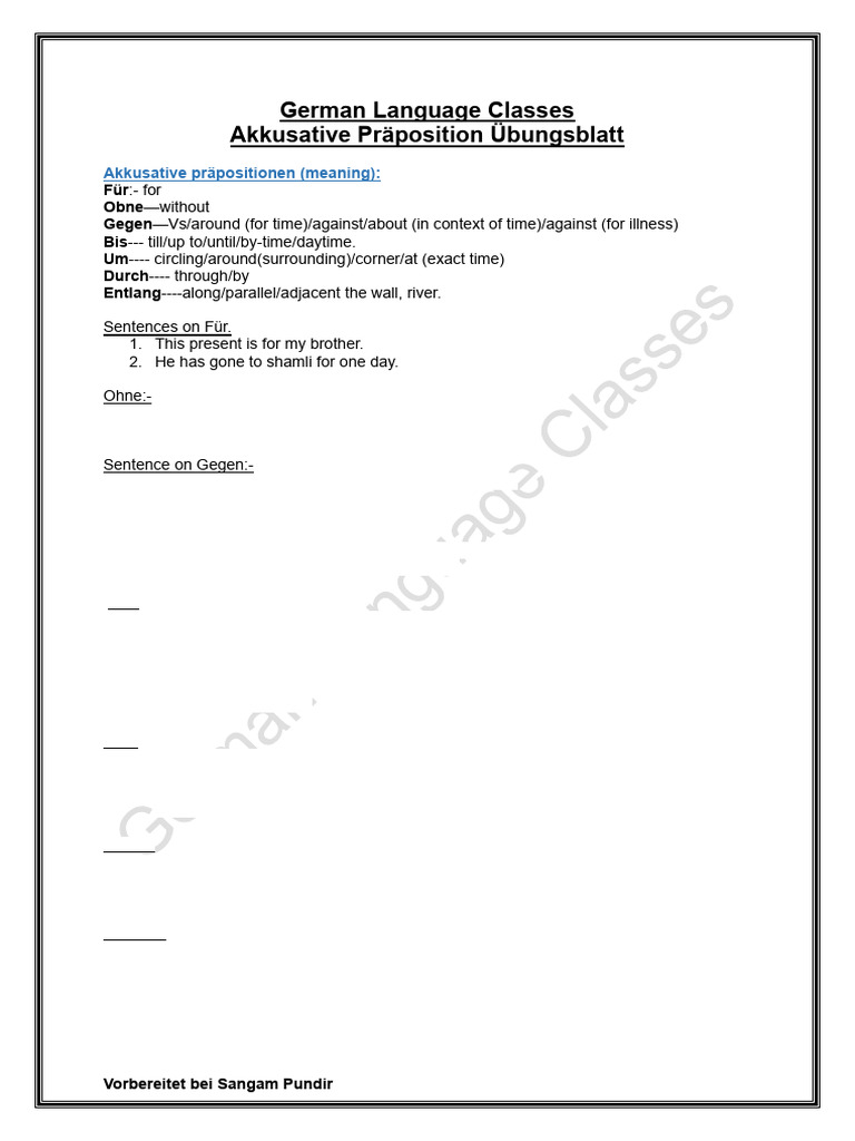 Akkusative Prep Practise Sheet | PDF