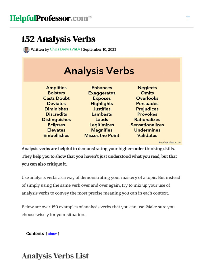 152 Analysis Verbs (2025) | PDF | Evidence | Theory