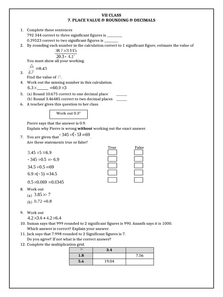 7. PLACE VALUE & ROUNDING & DECIMALS | PDF | Significant Figures | Applied Mathematics