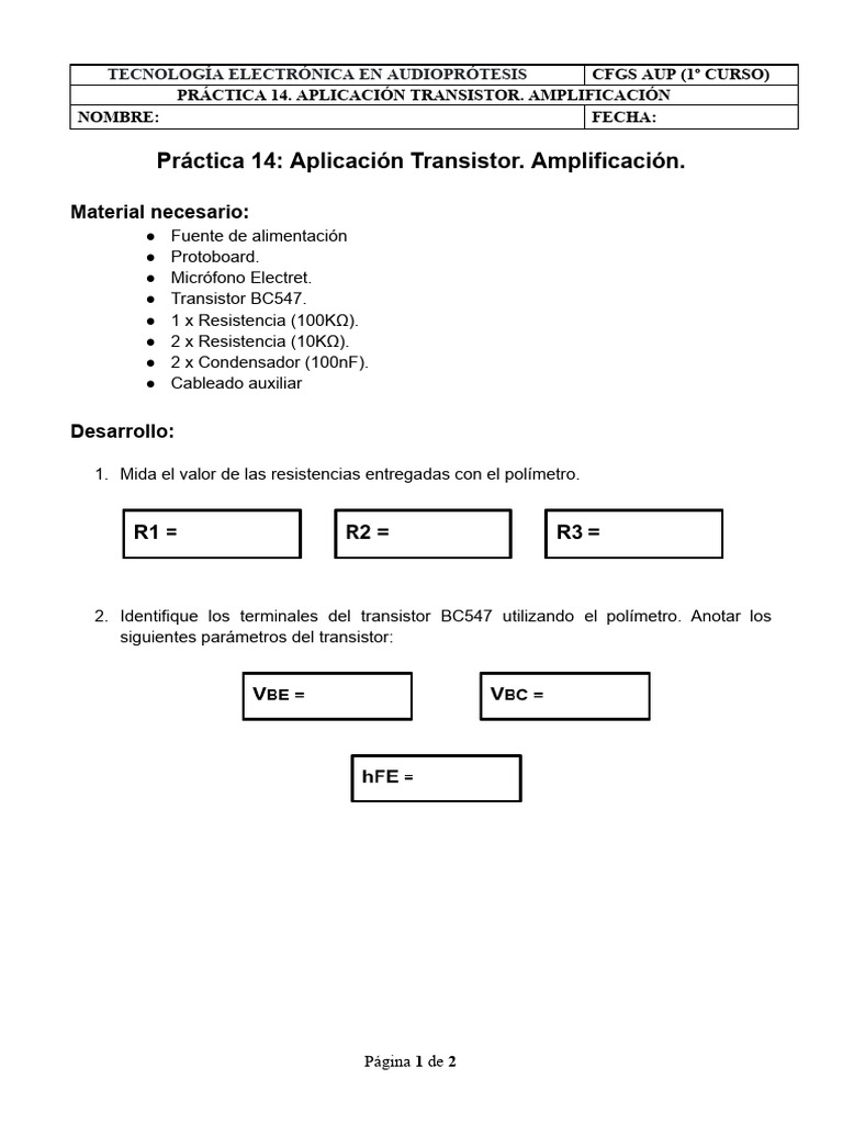 Práctica 14. Aplicación Transistor. Amplificación (1) | PDF