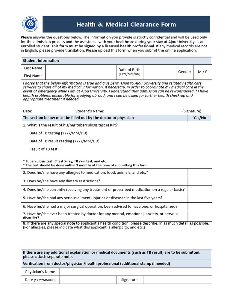 Ajou Health Medical Clearance Form | PDF | Health Professional ...