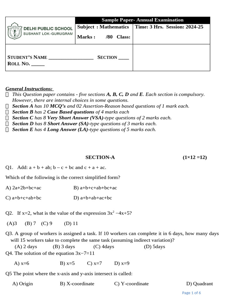 1739255661103_Sample_Paper_QP_MATHS_VIII_2425__Copy | PDF | Area | Mathematics