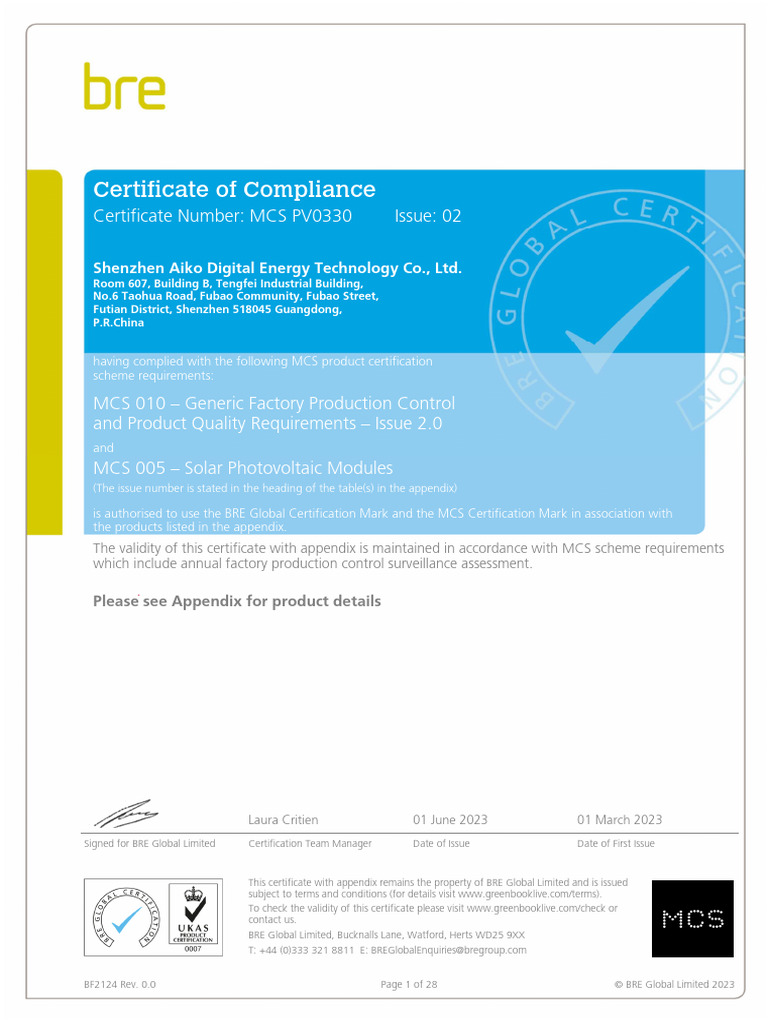 MCS Certificate for AIKO N Type ABC 72 Cell | PDF | Photovoltaics ...