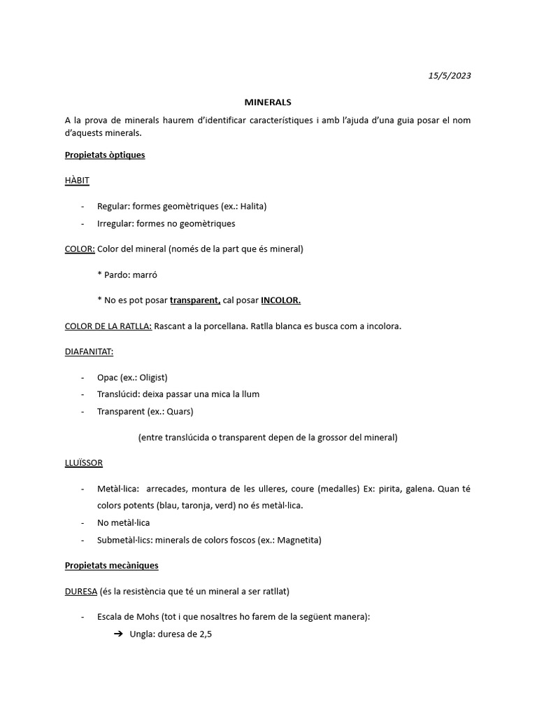 Apunts Examen Minerals | PDF