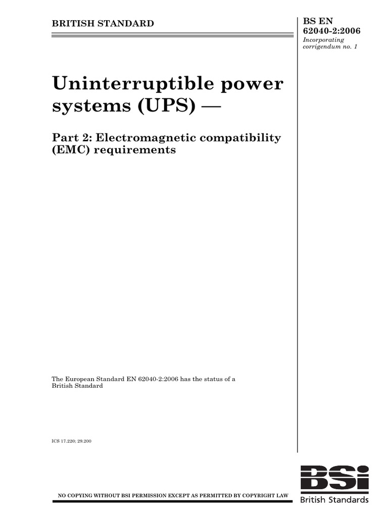 BS EN 62040-2 - 2006 - UPS EMC Requirements | PDF | Electromagnetic ...