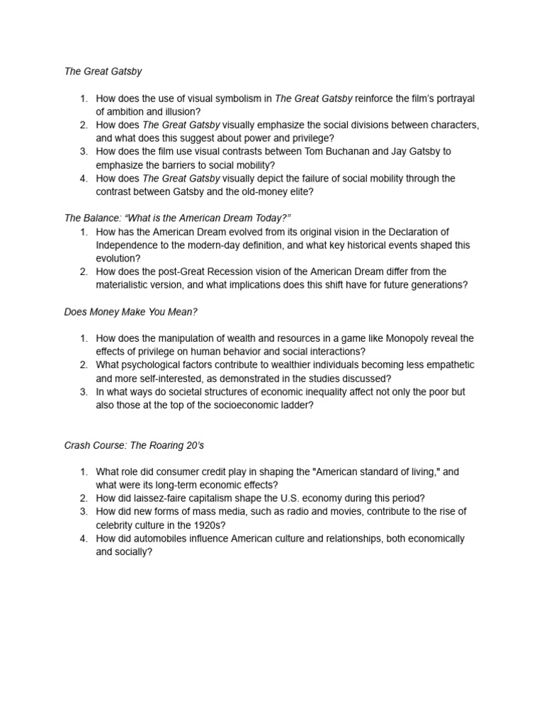 Crash Course - The Roaring 20's Questions | PDF