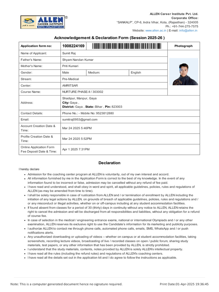 ALLEN Career Institute Admission Form 2025 | PDF