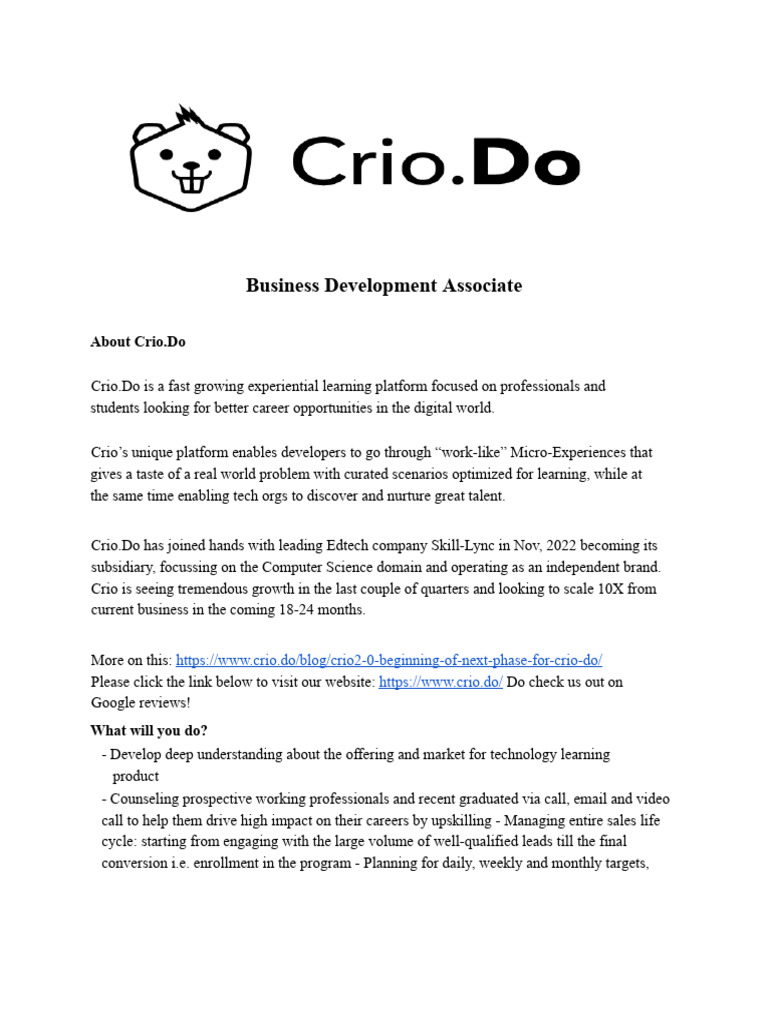 Crio.Do Business Development Role | PDF | Educational Technology | Learning