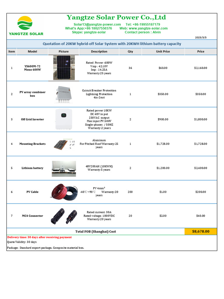 20KW Hybrid-Off Solar System Price List-All-In-One 20KWH Lithium ...