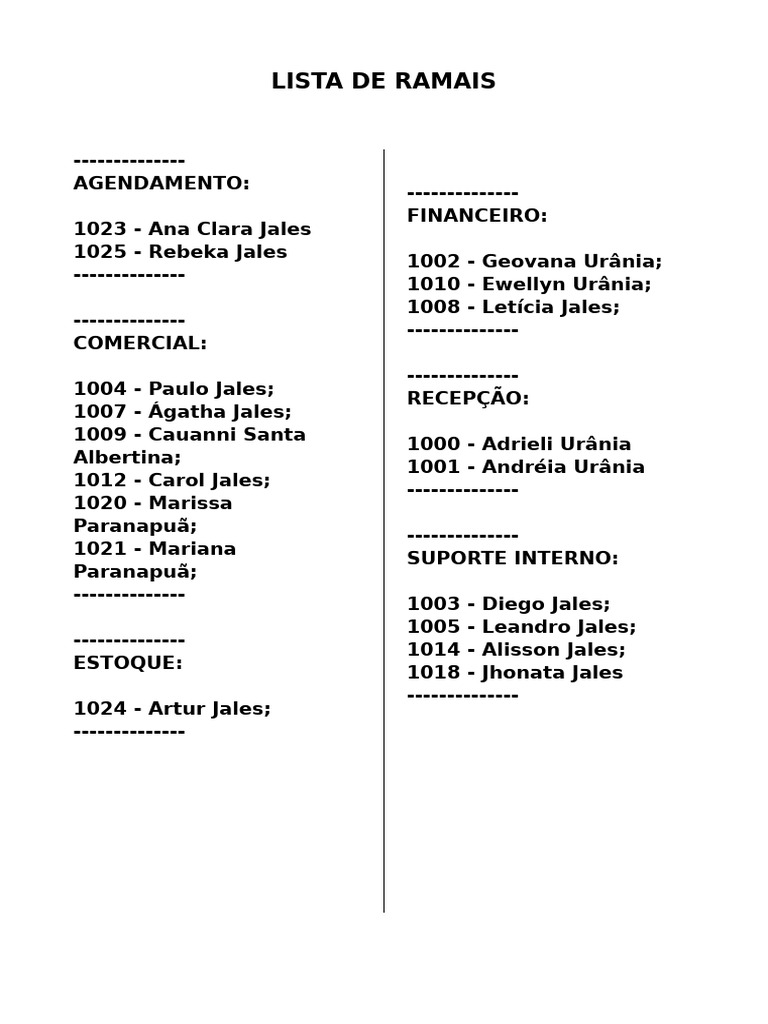 Lista de Ramais | PDF