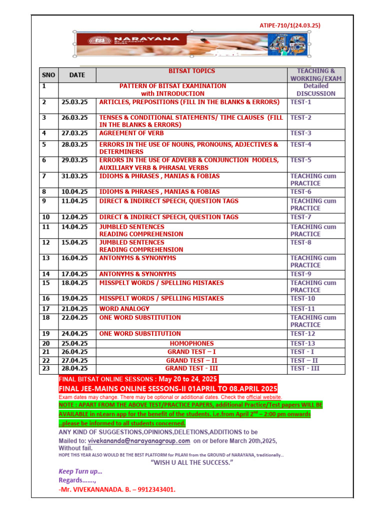 FINAL BITSAT TEACHING SCHDL For 2025 | PDF | Verb | Word