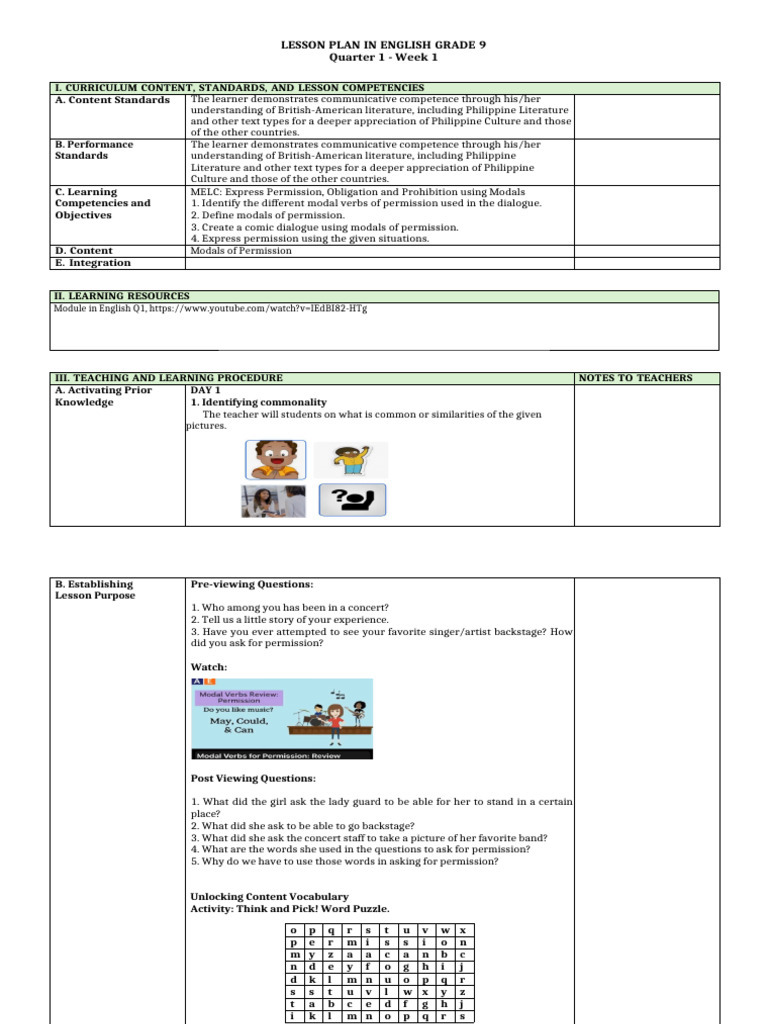 Lesson Plan in English 9 Q1 W1 | PDF | Learning | Question