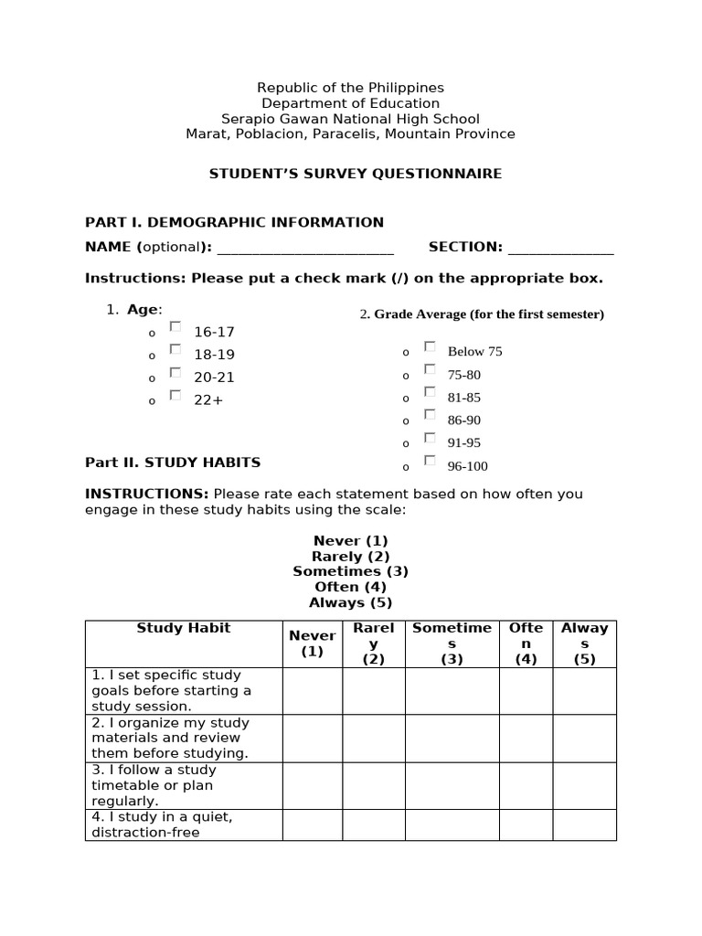The Study Habits Questionaire | PDF | Social Psychology | Behavior Modification