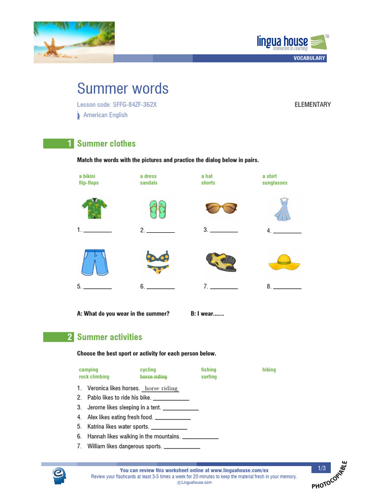 Summer Words American English Elementary Group | PDF