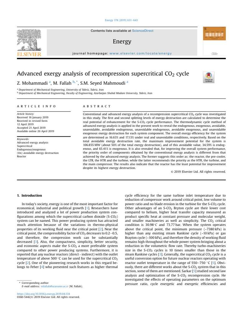 Advanced Exergy Analysis of S-CO2 Cycle | PDF | Exergy | Cogeneration