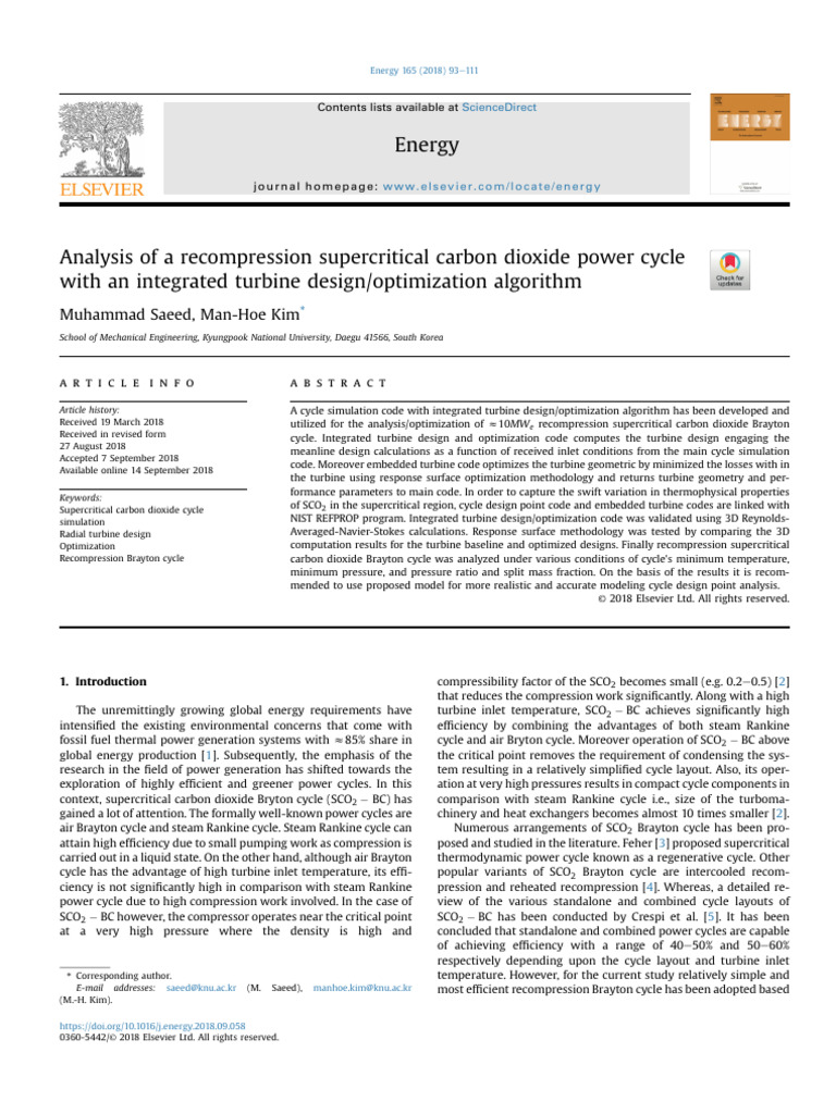 Analysis of A Recompression Supercritical Carbon Dioxide Power Cycle | PDF | Turbomachinery ...