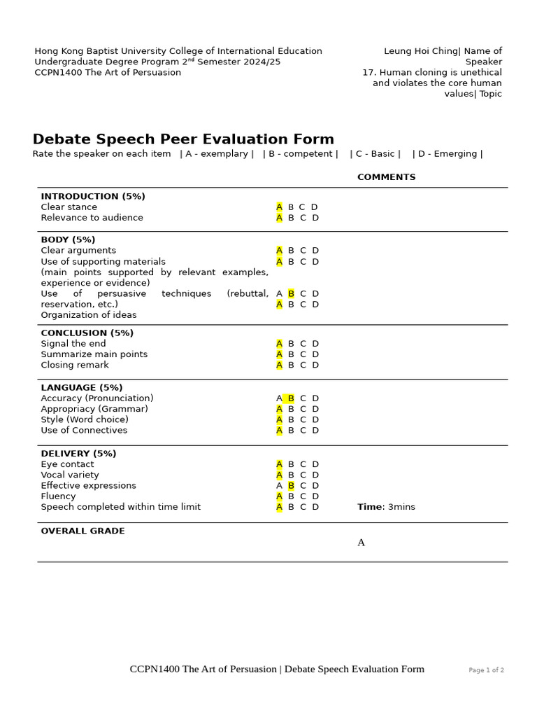 Debate Speech Peer Evaluation Form - Leung Hoi Ching | PDF | Persuasion ...