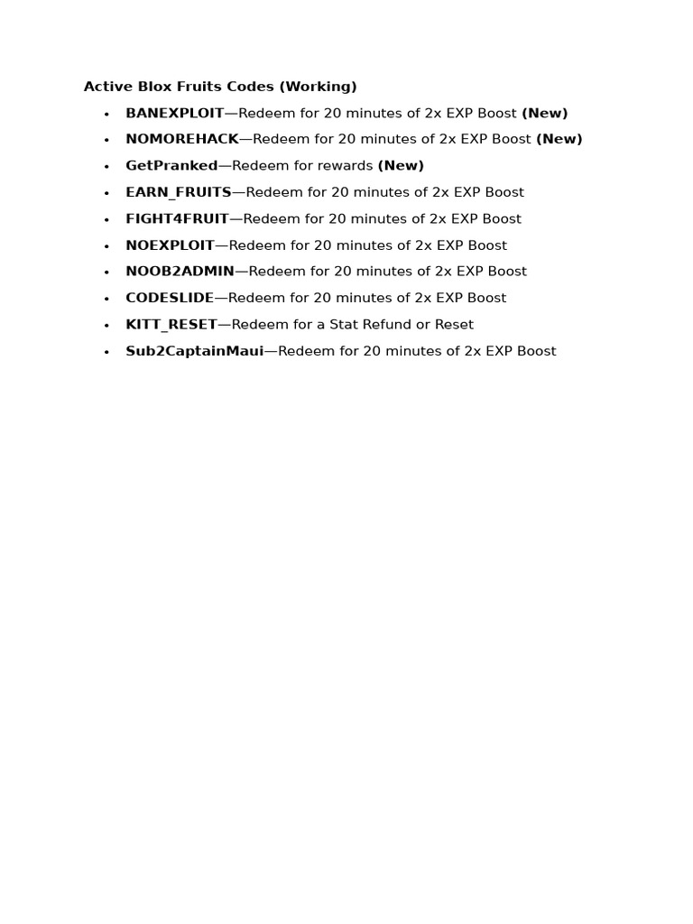 Blox Fruits 2x Exp Codes 2025 | PDF