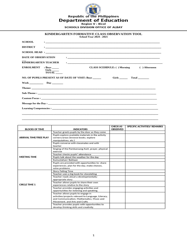 Finalized Kindergarten Formative Classroom Observation Tool | PDF ...