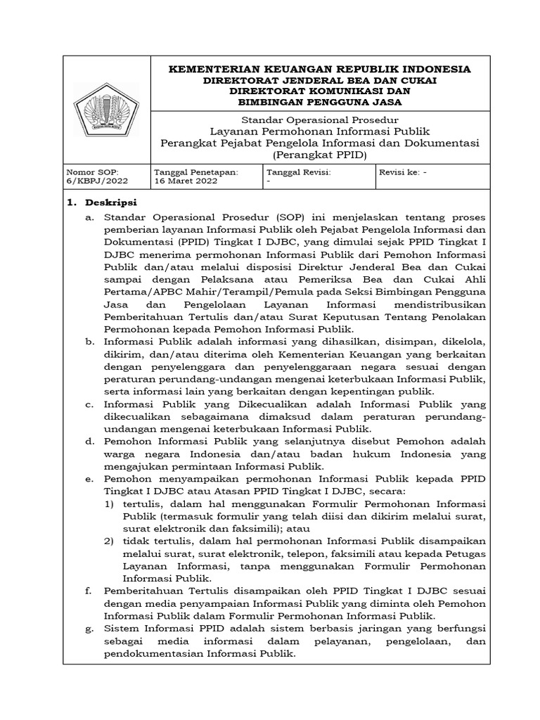 SOP.6.KBPJ.2022 - Layanan Permohonan Informasi PPID | PDF