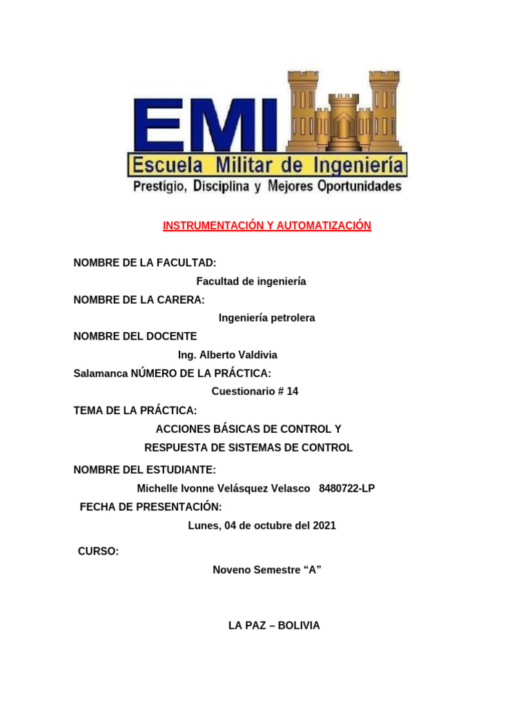 Cuestionario#14-Michelle Ivonne Velasquez Velasco A19584-7 | PDF | Sistema de control