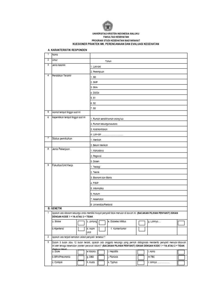 Kuesioner Praktek MK Perencanaan Dan Evaluasi Kesehatan | PDF