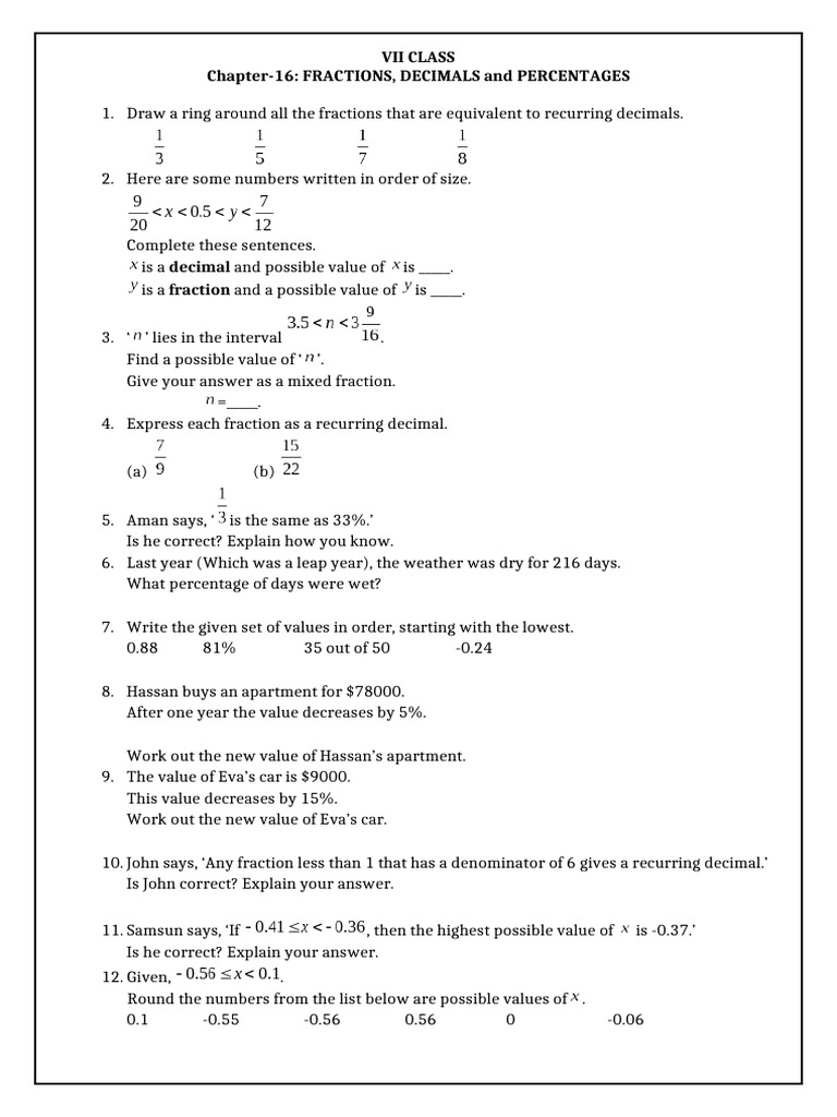 CH 16 - FRACTIONS, DECIMALS and PERCENTAGES | PDF | Division ...