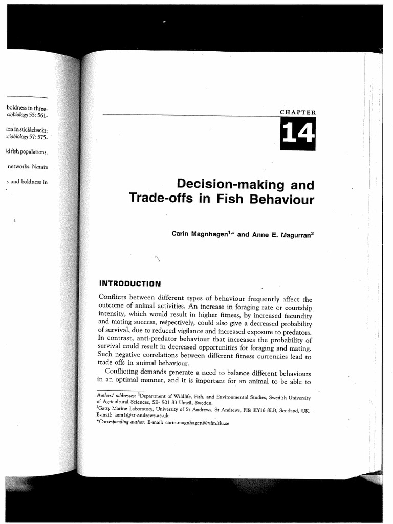 Magnhagen and Magurran Decision-Making and Trade-Offs in Fish Behaviour | PDF | Foraging | Predation